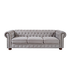 Chesterfield 3 Seater Button Tufted Sofa, Linen Fabric Upholstered Couch with Nailhead Arms Removable Cushions Rubber Wood Legs for Living Room Office Bedroom