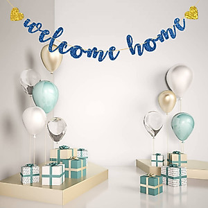 Welcome Home Banner, Glitter Welcome Party, Retirement, New House, Moving Away Party Decoration Supplies Blue Glitter