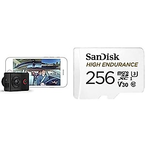 Garmin Dash Cam Tandem, Front and Rear Dual-Lens Dash Camera & SanDisk 256GB High Endurance Video microSDXC Card with Adapter for Dash Cam and Home Monitoring Systems