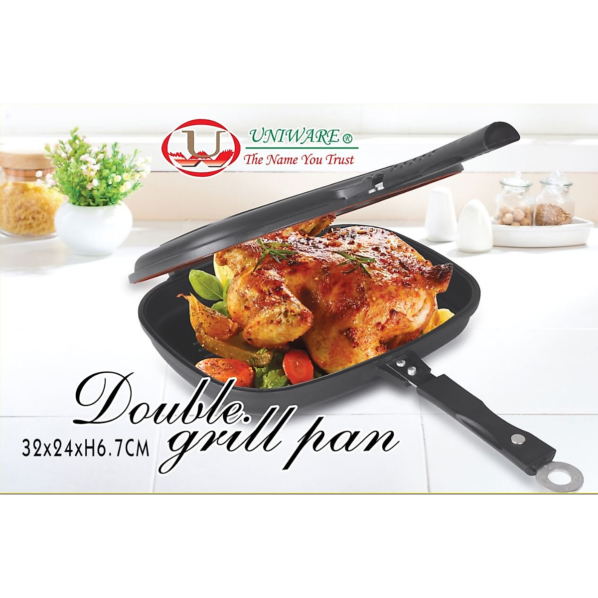 Uniware® Super Quality Non-Stick Coating Double Grill Pan, Rectangular, Magnetic Bakelite Handle, 12.6 x 9.6 x 2.6 Inch