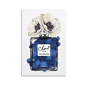 Fashion CHANEL Perfume Bottle With Blue & White Poppy Flower Canvas Print Poster Poster Modern Office Family Bedroom Wall Art Decorative Picture Posters Room Aesthetic Decor Painting Canvas Gift 12x18inch(30x45cm)