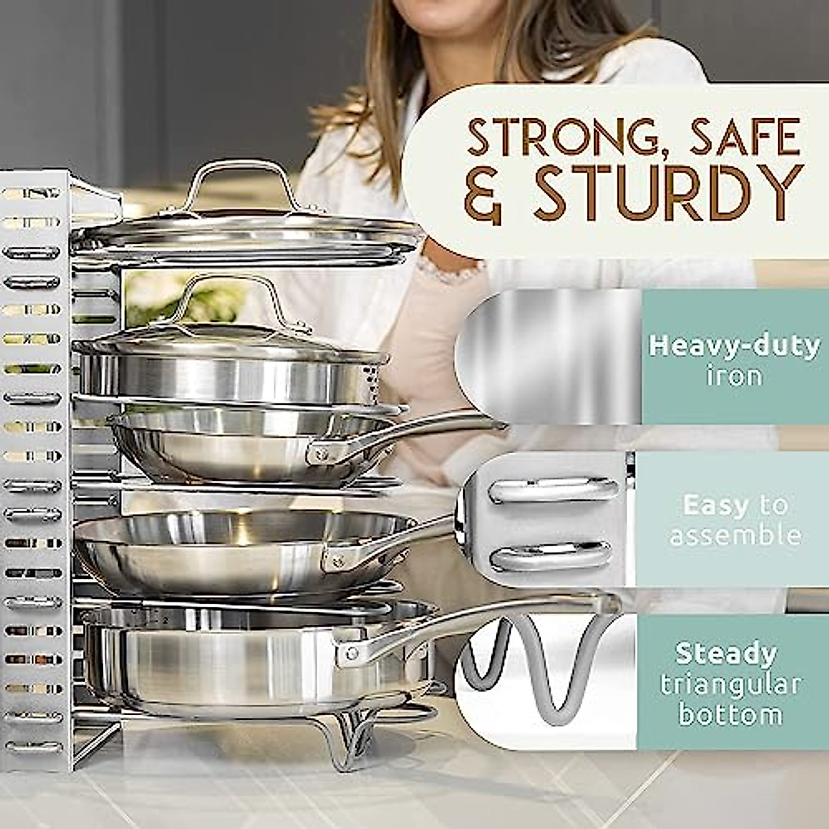 GeekDigg Pot Rack Organizer, Adjustable Height and Position Pots and Pan Rack, Kitchen Counter and Cabinet Pan Organizer Shelf Rack/Pot Lid Holder with 3 DIY Methods - Silver
