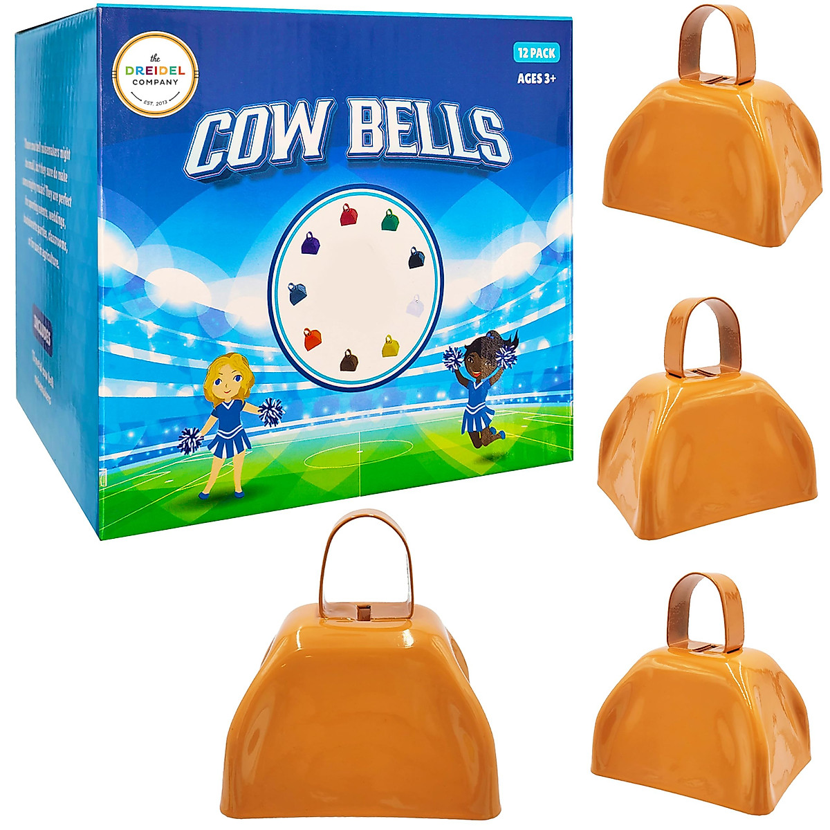 The Dreidel Company Metal Cowbell Noisemaker Cheering Bell, New Years, School Classroom, Wedding Bells & Chimes Percussion Musical Instruments Call Bell Alarm, 3" (Pack of 12) (Orange)