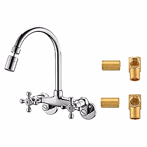 (Upgraded) Wall Mount Kitchen Sink Faucet, 6 Inch Center Sink Faucet, in Wall Faucet Kitchen Sink, Kitchen Wall Faucets, Wall Faucet Sink, Two Cross Handles Kitchen Faucet, Chrome, RULIA RB1026