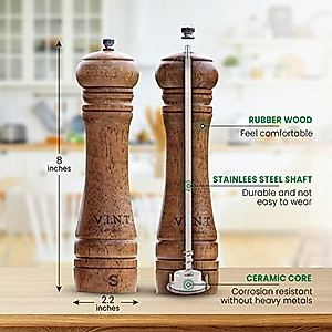 Wooden Salt and Pepper Grinder Set - Adjustable Ceramic Rotor - Refillable Salt and Pepper Mill Set - Pack of 2 – 8 inch - Heat Resistant- Food grade- Eco-friendly, Brown