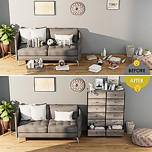 Arlopu 12-Drawer Dresser, 35.2’‘ Widened 6-Layer Fabric Storage Tower w/Textured Print Fabric Bins, Tall Chest Organizer Unit for Living Room, Hallway, Nursery, Closets, Adjustable Feetpad