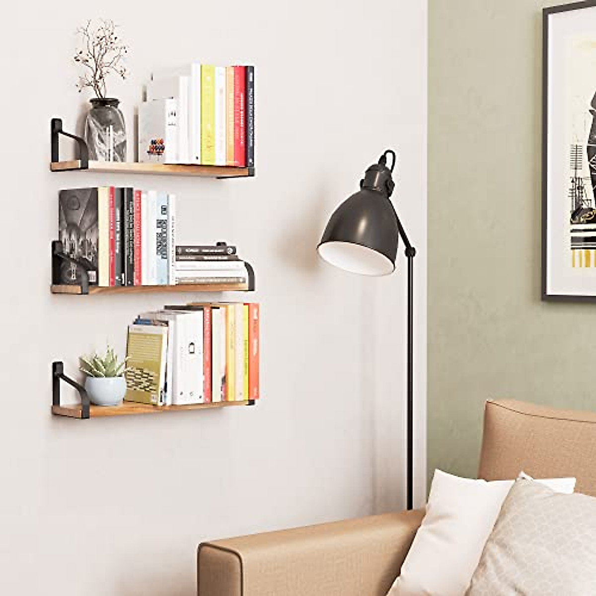 You Have Space Prato Floating Shelves for Living Room Decor, 17"x4.5" Bookshelf Home Office Decor, Kitchen Organization & Bathroom Organizer Wall Shelves, Set of 3, Burnt