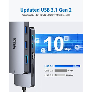 USB C Adapters for MacBook Pro/Air, Selore 9 in 1 USB C Hub with 4K HDMI, 2 * 10Gbps USB-C 3.1 GEN2 Port, 1Gbps Ethernet, USB 3.1 10Gbps Data Ports, 2*USB 3.0 dongle for Dell, HP and More