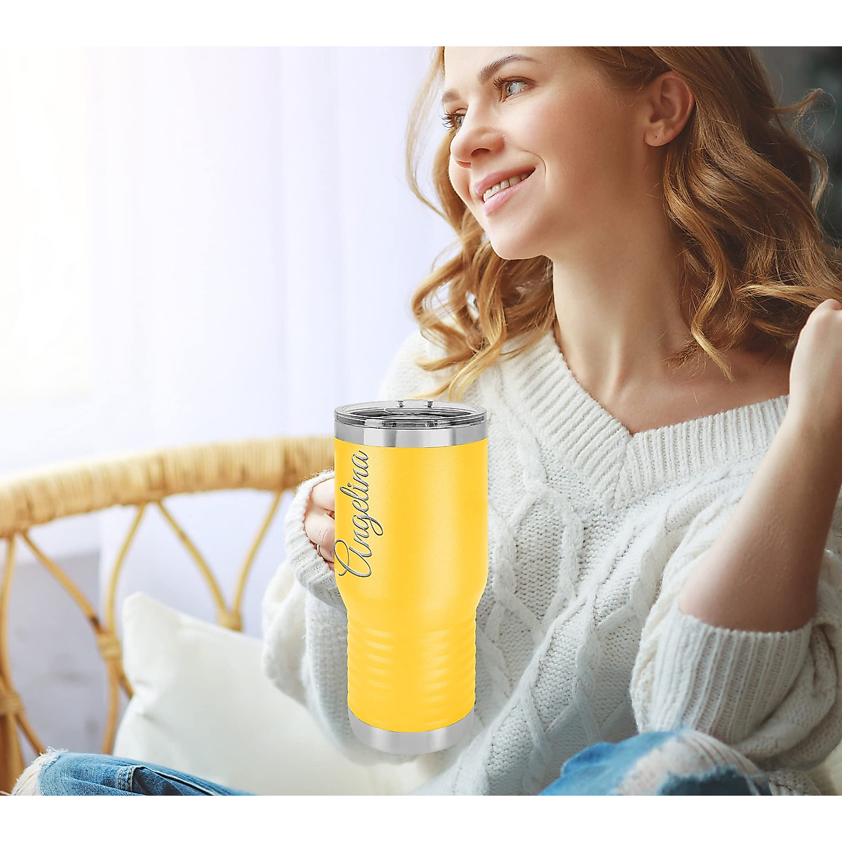 Polar Camel Personalized Tumblers with Slide Lid and Straw, Name Engraved Customized Cups, Stainless Steel Vacuum Insulated Travel Coffee Mugs - Women, Men Birthday Gift (Yellow, 20 oz)