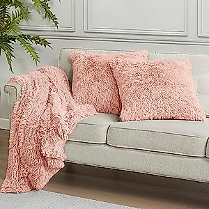 Hyde Lane Luxury Blush Faux Fur Throw Pillow Covers | Soft Fluffy Fuzzy Cushion Cover | Pink Pillows Case for Couch Sofa Bed Aesthetic Room Decor, 18”x18”, 2 Pack