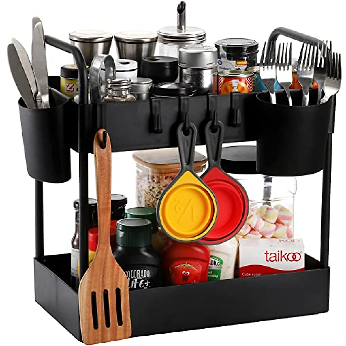 Jucoan 2 Tier Bathroom Sink Countertop Storage Organizer Kitchen Countertop Spice Rack with Hooks, Cups and Handle, Pantry Shelves Seasoning Storage Shelf for Kitchen Bathroom Vanity