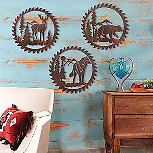 WAIU Metal Cabin Wall Art Decor Deer Bear Wolf in the Forest Pine Tree, 9 Inch Set of 3 Rustic Bronze Concise Saw Blade Decoration Hanging for Living Room Bedroom Bathroom Indoor Outdoor, Lodge
