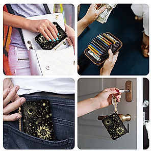 Yonlevres Credit Card Holder RFID Wallet, Astrological Sun Moon Small Card Holder Wallet for Women with Keychain Zipper, Leather Print Credit Card Case Organizer Accordion Gift