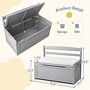 Curipeer Kids Toy Box Chest, Gray Rubber Wood Toy Box for Boys Girls, Large Storage Cabinet with Cushion Seat Bench/Flip-Top Lid/Safety Hinge, Toy Storage Organizer Trunk for Nursery, Playroom