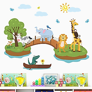 Removable 3D Giant Jungle Animals Lion Elephant Bird Fox on The Bridge Wall Decals Tree Wall Sticker Art Decor for Kids Boys Baby Children Bedroom Living Room Bathroom Classroom Playroom Nursery