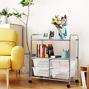 RELAX4LIFE Storage Cart W/Four Drawers, Wheels and Two Shelves, Stable Steel Frame Craft Cart for Office,Home, Make Up Storage and Files Arrangement Storage Cart Organizer (Clear)