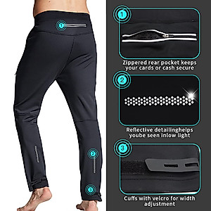 Souke Sports Men's Winter Cycling Pants, Windproof Fleece Thermal Bike Pants, Breathable Athletic Sweatpants for Running Black