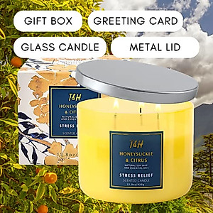 Large 3 Wick Scented Candle - Honeysuckle Citrus Stress Relief Aromatherapy Candle with Grapefruit, Mint & Rose - 15.8 oz Natural Soy Candles for Men and Women - Scented Spring Candles for Home
