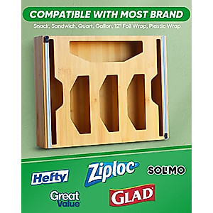 ONUEMP Ziplock Bag Storage Organizer for Kitchen Drawer, Aluminum Foil and Plastic Wrap Dispenser with Slide Cutter Fits 12" Roll, Bamboo Baggie Organizer Holder for Gallon, Quart, Sandwich and Snack
