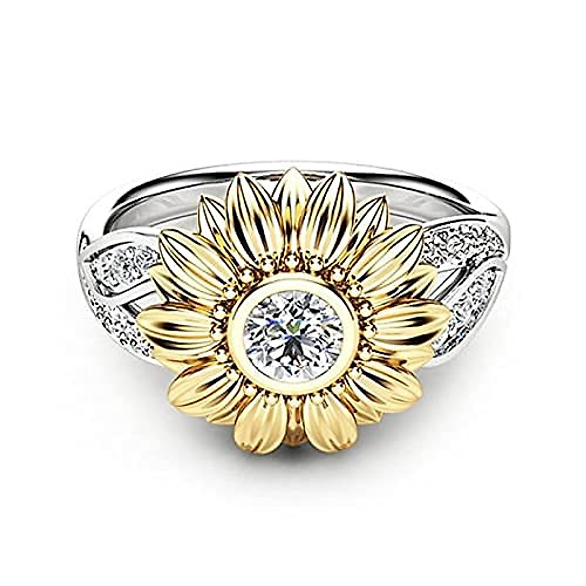 New Gold-Plated Couple Ring Sunflower Flower Color Separation Zircon Ring - 7