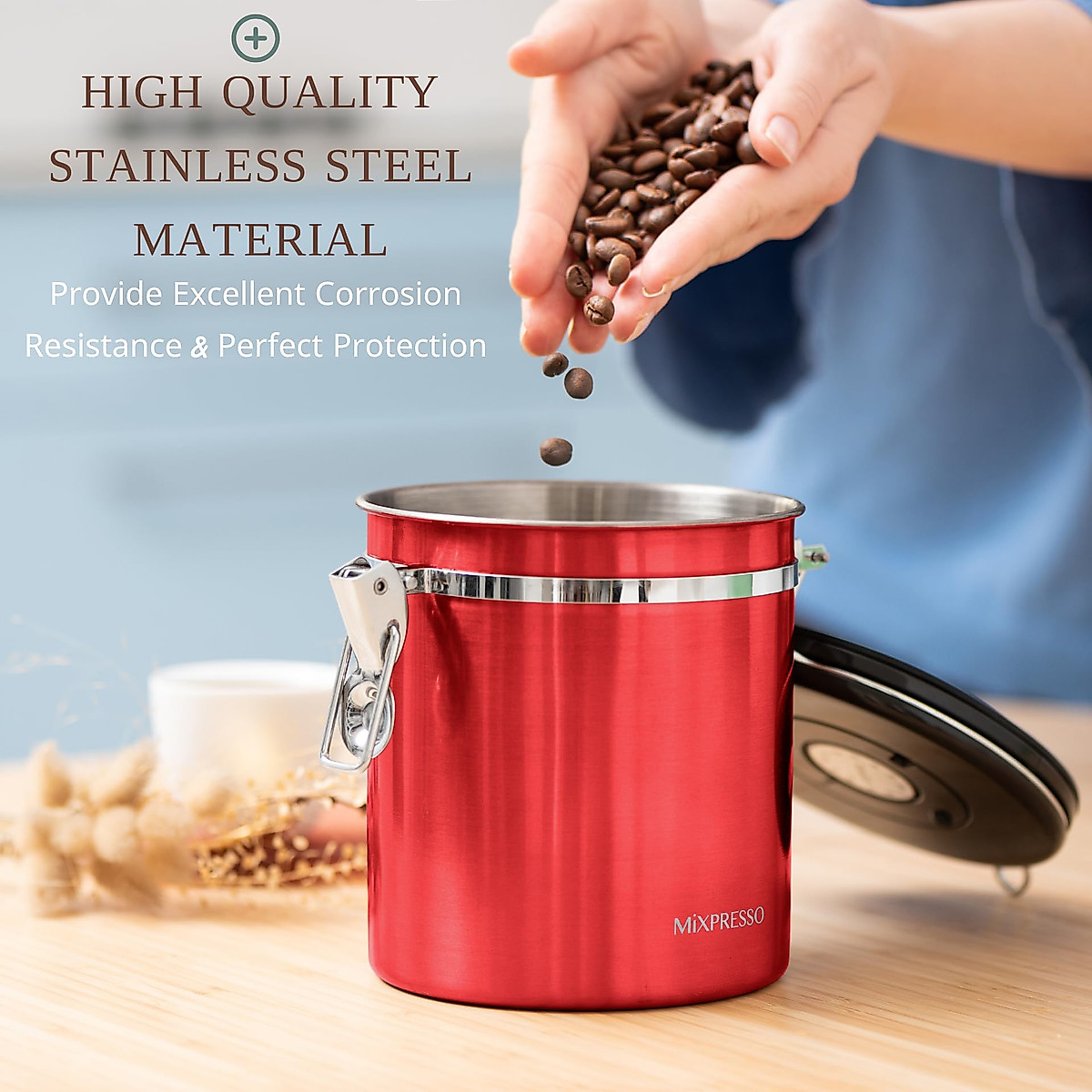 Mixpresso 16 Oz Coffee Canister Red, Stainless Steel Airtight Coffee Container, Ground Coffee Bean Storage with Date Tracker, Vacuum Sealed Espresso Airtight Container, Coffee Jar, Sugar Container