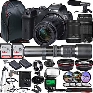 Canon EOS R7 Mirrorless Camera w/RF-S 18-150mm f/3.5-6.3 is STM Lens + EF 75-300mm f/4-5.6 III Lens + 500mm f/8 Focus Lens + 2X 64GB Memory + Microphone + Filters + TTL Flash + More (35pc Bundle)