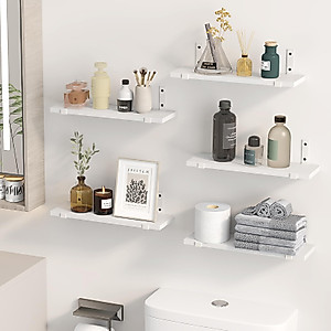 Fixwal Floating Shelves Set of 5, Width 4.7 Inches Wall Shelves, Rustic Wood Wall Storage Shelves for Bedroom, Living Room, Kitchen, Bathroom, Home Decor, Office and Plants (White and White Bracket)