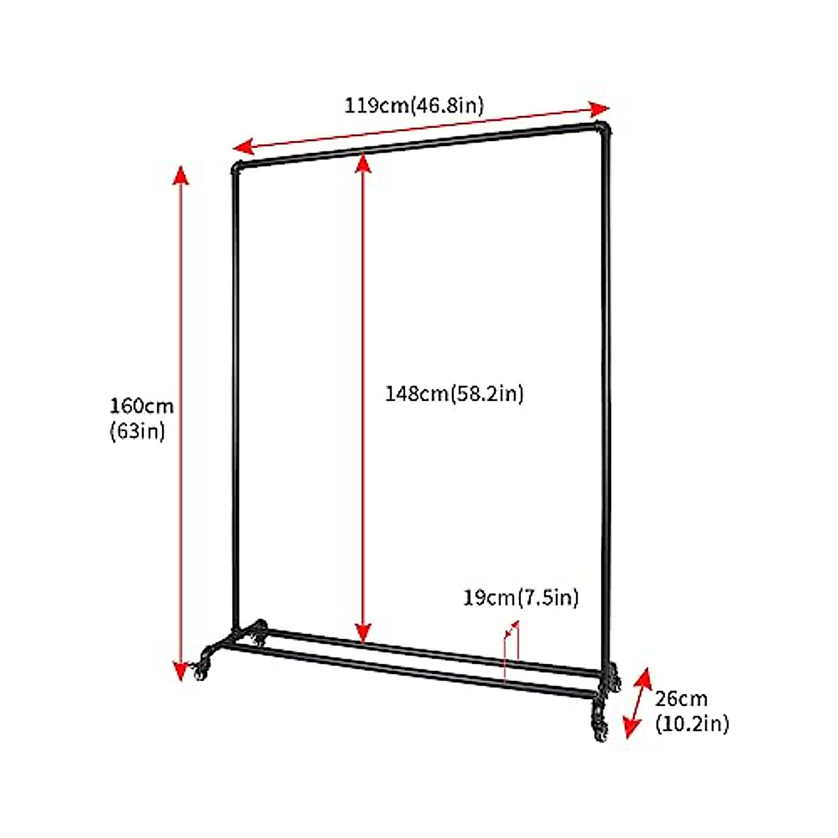OLDRAINBOW Industrial Pipe Clothing Rack,63in Dress Rack Clothes Rack,Vintage Clothing Racks on Wheels,Retail Rack Mobile Coat Rack Metal Garment Rack(Black)