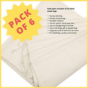 100 Percent Cotton Muslin Drawstring Bags For Shoes Storage Pantry Gifts (12 x 16 inch - 6 pack, Beige)