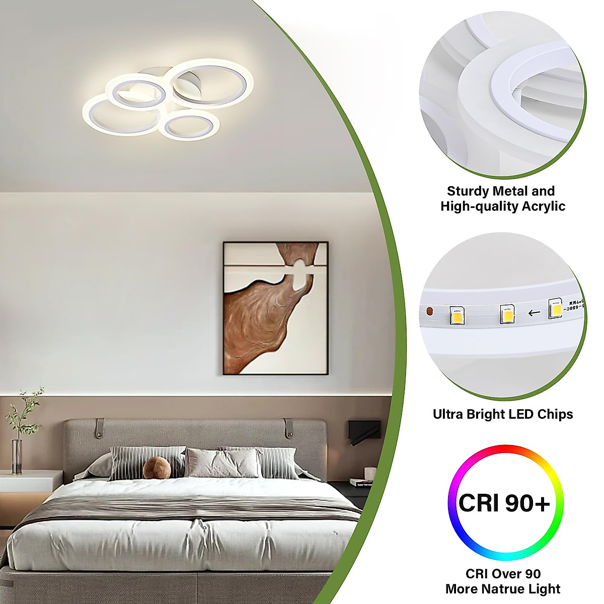 ZUYURT Modern LED Ceiling Light, White Flush Mount Ceiling Light, 4 Rings Close to Ceiling Lamp Lighting Fixture for Kitchen, Living Room, Bedroom, Laundry Room, 4000K