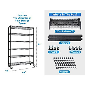 Haiput Wam Storage Shelves, 6 Tier Steel Wire Metal Shelving with 2100 Lbs Capacity for Kitchen Restaurant Pantry, Wire Shelving Storage Rack Shelves for Storage with Wheels and Feet -18x48x72