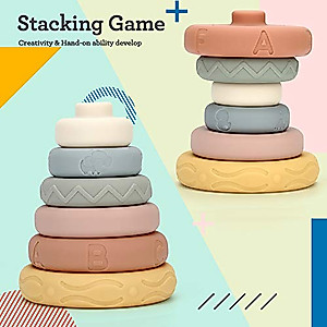 Mini Tudou 6 PCS Baby Stacking & Nesting Toys, Soft Stacking Blocks Ring Stacker, Baby Sensory Teether Toys with Letter, Animal and Shape, Early Learning Toys for Babies Toddlers Kids 6 Months