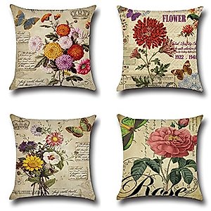 Calcifer 18 x18 Inch (45x45cm) Romantic Rose Flowers Durable Cotton Linen Throw Pillows Sheel Case Cushion Covers for Home Sofa Decorative (Set of 4) (Style A)
