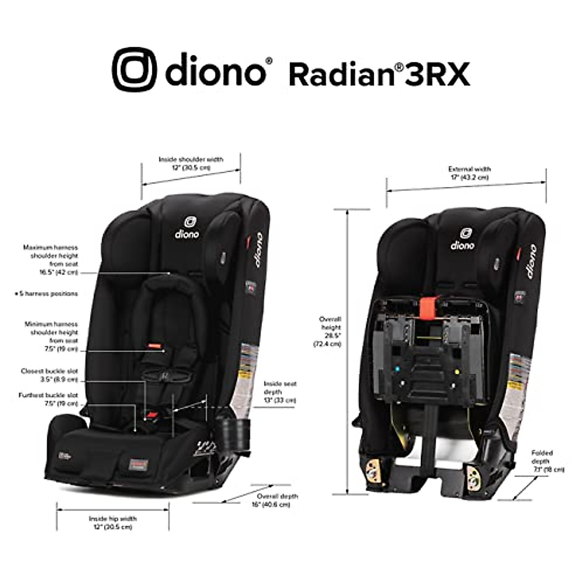 Diono Radian 3RX 3-in-1 Rear and Forward Facing Convertible Car Seat, Adjustable Head Support & Infant Insert, 10 Years 1 Car Seat Ultimate Safety and Protection, Slim Fit 3 Across, Jet Black