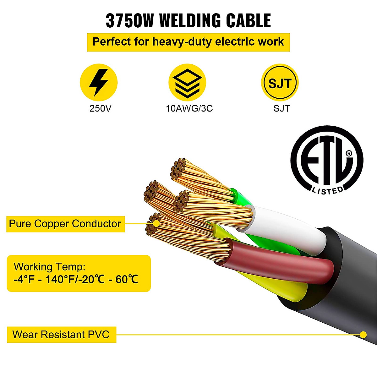 VEVOR Welder Extension Cord 30Amp 25ft 250V, Welding Power Cord with NEMA 6-50 Plug 10 Gauge 3 Prong for MIG Lincoln Plasma Miller TIG