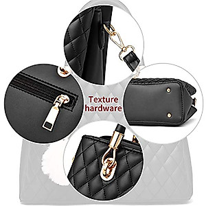 Womens Leather Handbag Purses Top Handle Quilted Shoulder Bag Totes Satchel for Ladies with Pompon