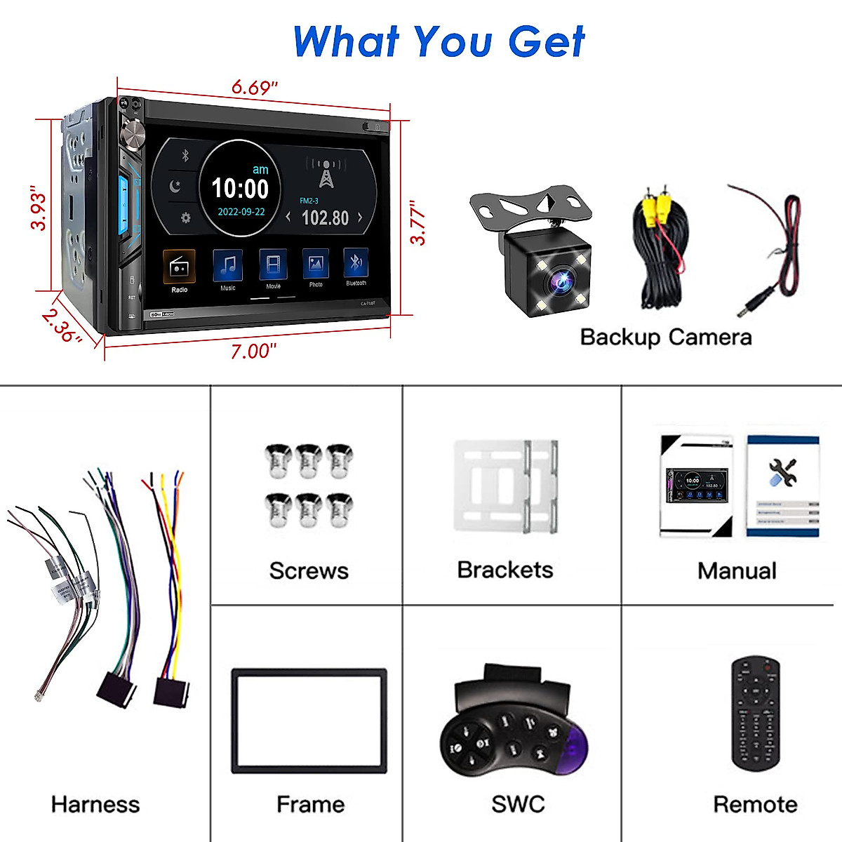 Double Din Bluetooth Car Stereo: 7 Inch LCD Touchscreen Car Audio Receiver - Mirrorlink MP5 Car Radio with AM FM RBDS Backup Camera USB SD AUX Subwoofer Phone Charge