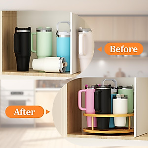 7 Slots Water Bottle Organizer for Stanley 40 oz Tumbler with Handle, Bamboo Wood Rotatable Stanley Cup Organizer Holder, Kitchen Organizers and Storage for Stanley Owala Simple Modern Cup Accessories