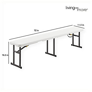 Living and More 6 Foot Fold-in-Half Bench with Carrying Handle, Easy Folding and Transport, Indoor/Outdoor Use, Sturdy Steel Frame, White