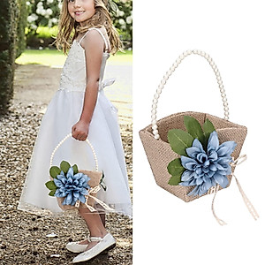 Rustic Flower Girl Basket, Vintage Burlap Flower Basket with Pearl Handle Jute Wedding Flower Girl Basket for Wedding Ceremony Bride Flower Girl Basket