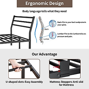 ROIL Full Size Metal Bed Frame with Headboard, 14inch Black Heavy Duty Platform with Steel Slats Support and Mattress Stoppers, 3500LBS No Box Spring Needed, Easy Assembly Noise-Free