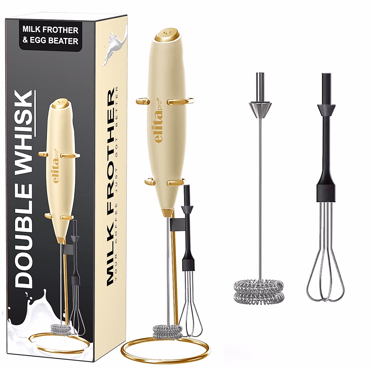 ELITAPRO ULTRA-HIGH-SPEED 19,000 RPM, Milk Frother DOUBLE WHISK, Unique Detachable EGG BEATER and STAND For quick preparation (Ivory/Gold)