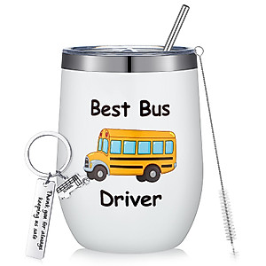 Rtteri 2 Pcs Bus Driver Appreciation Gifts School Bus Driver Gifts for Women Men Bus Driver Keychain Stainless Steel Bus Driver Tumbler Cup 12oz with Lid and Straw for Back to School Present (Cute)