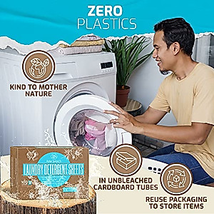 Laundry Sheets, 100 Loads - Zero Waste, Plastic and Scent Free, Natural Soap Detergent - Unscented Travel Size Essentials for Washing Clothes