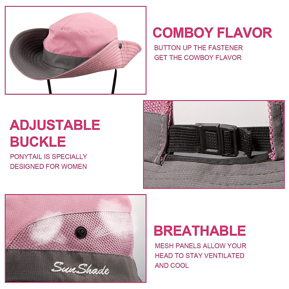 Norme 2 Pieces Women's Outdoor Sun Hat UV Protection Foldable Mesh Wide Brim Beach Fishing Cap Ponytail(Watermelon Red, Pink)