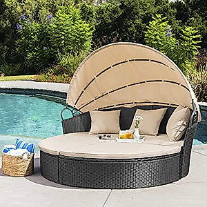 Homall Patio Furniture Outdoor Daybed with Retractable Canopy Rattan Wicker Furniture Sectional Seating with Washable Cushions for Patio Backyard Porch Pool Round Daybed Separated Seating (Beige)