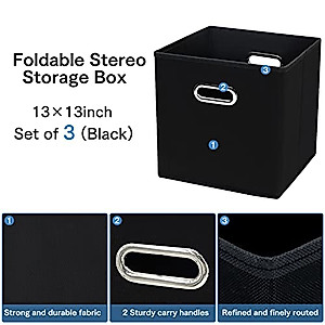 STOREONE 13 Inch Cube Organizer Bins ,Black Fabric Storage Bins，Foldable Storage Bins Basket with Dual Handles Fabric Organizer Bins and Storage Box，Set of 3,Black
