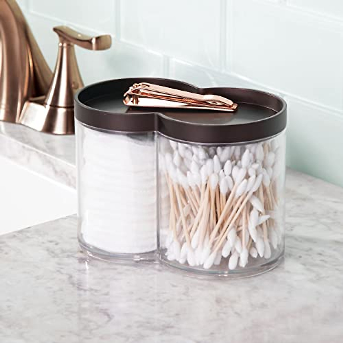 mDesign Plastic Canister Jar Organizer Set with Storage Lid - Home Decor Holder for Bathroom/Restroom Vanity Countertop, Cabinet - Holds Cotton Balls, Soap - Lumiere Collection - Clear/Bronze