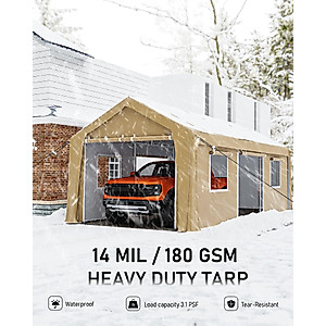 DEXSO Carport 13'x20' Heavy Duty Portable Garage, 1.0 mm Steel Poles & 180 g PE Waterproof Canopy, with Front & Rear Doors, 2 Side Doors, and 4 Windows, for Pickup Truck, and Boat, Khaki