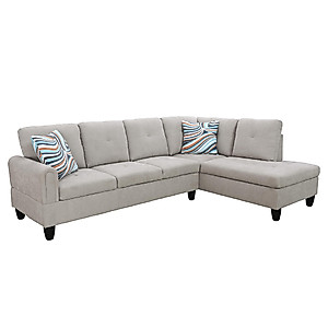 NOTOP Seater 3-Piece Corduroy L-Shaped Sectional Sofas, Button Tufted Upholstered Couch Set with Right Chaise Longue and Storage Ottoman, for Living Room, Home, Office, Grey White, 97